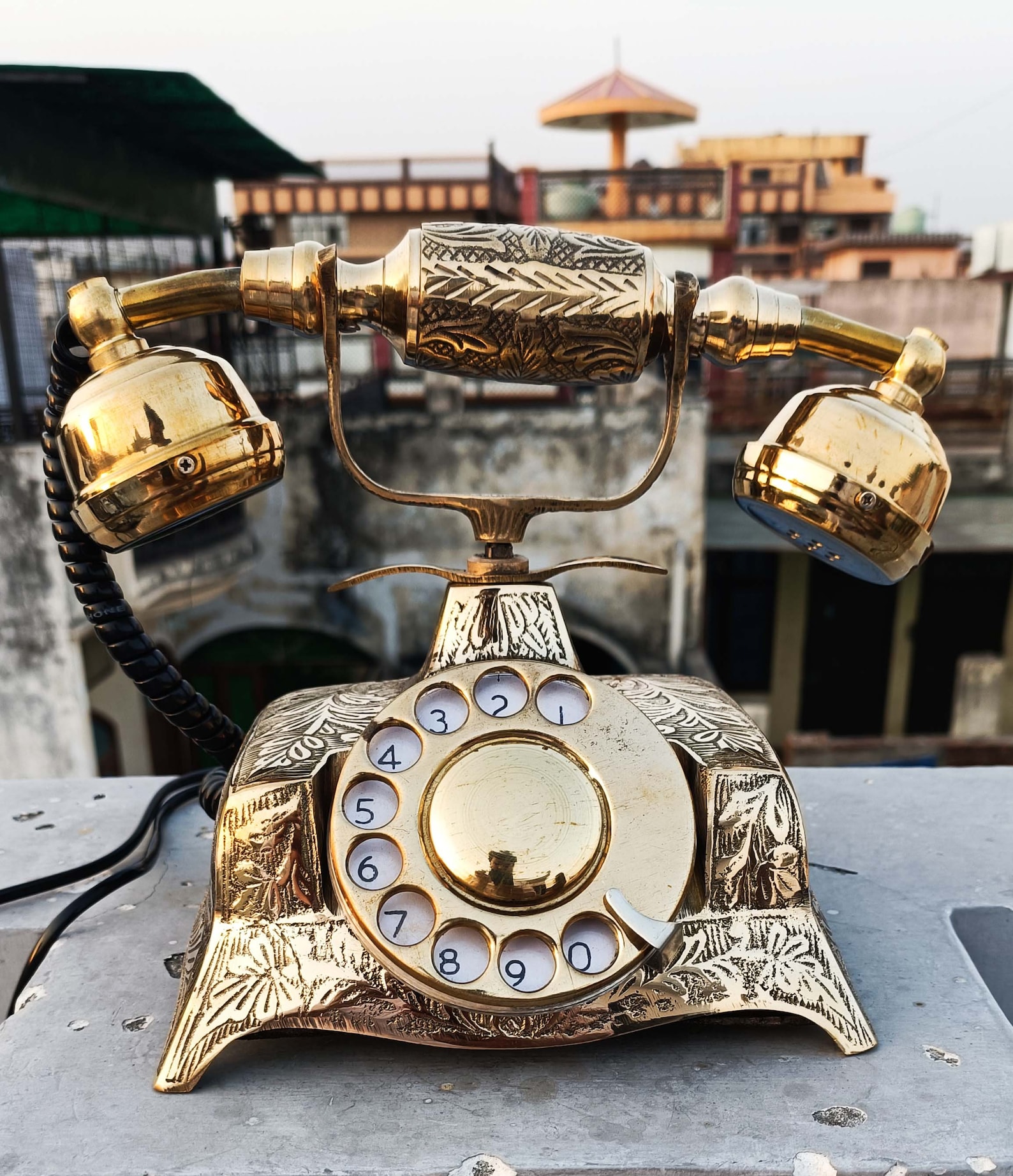 Vintage Antique Engraved Square Rotary Dial Working Phone Brass Finish ...