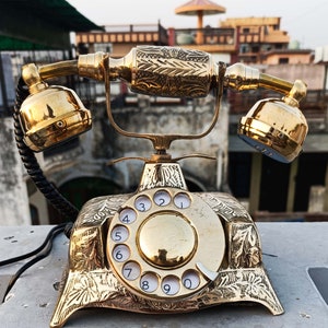 Vintage Antique Engraved Square Rotary Dial Working Phone Brass Finish ...