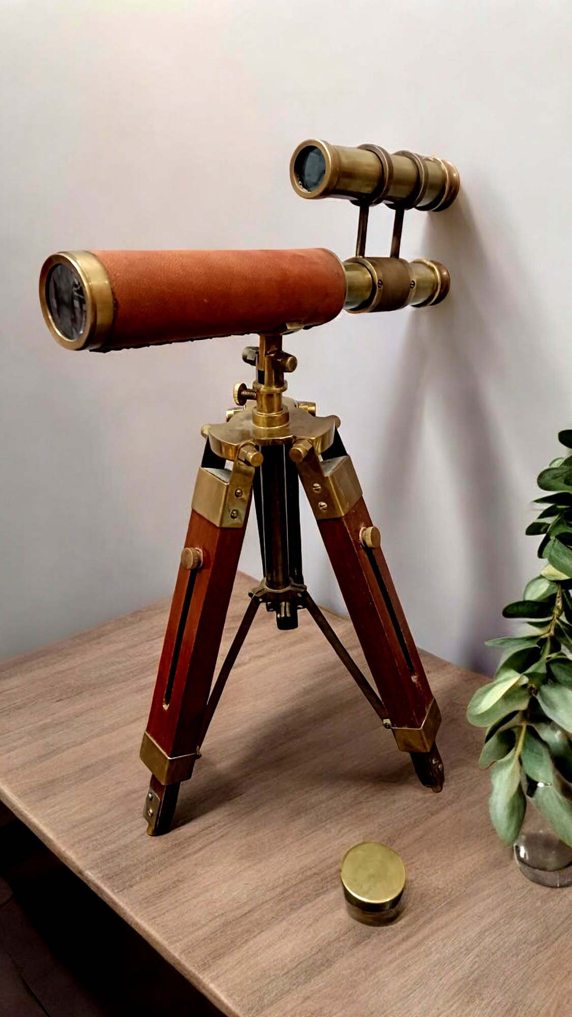 Double Barrel Telescope 9 Antique Maritime Spyglass With Wooden Tripod ...