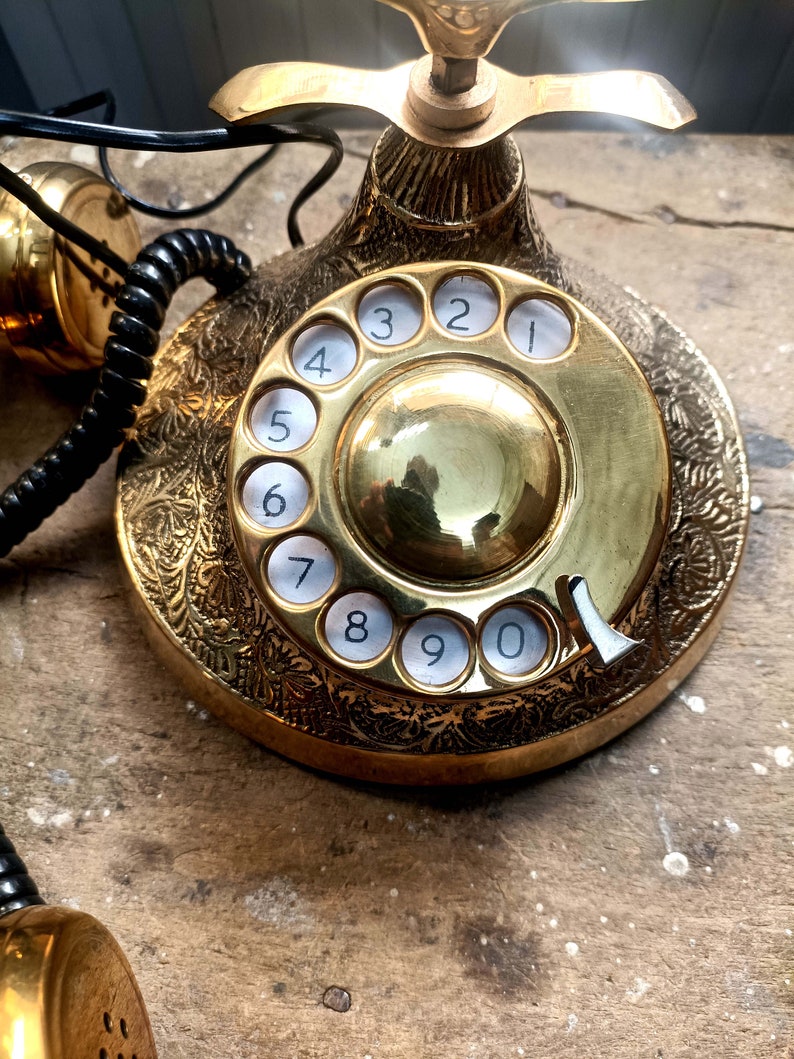 Vintage Antique Engraved Round Rotary Dial Working Phone Brass Finish ...