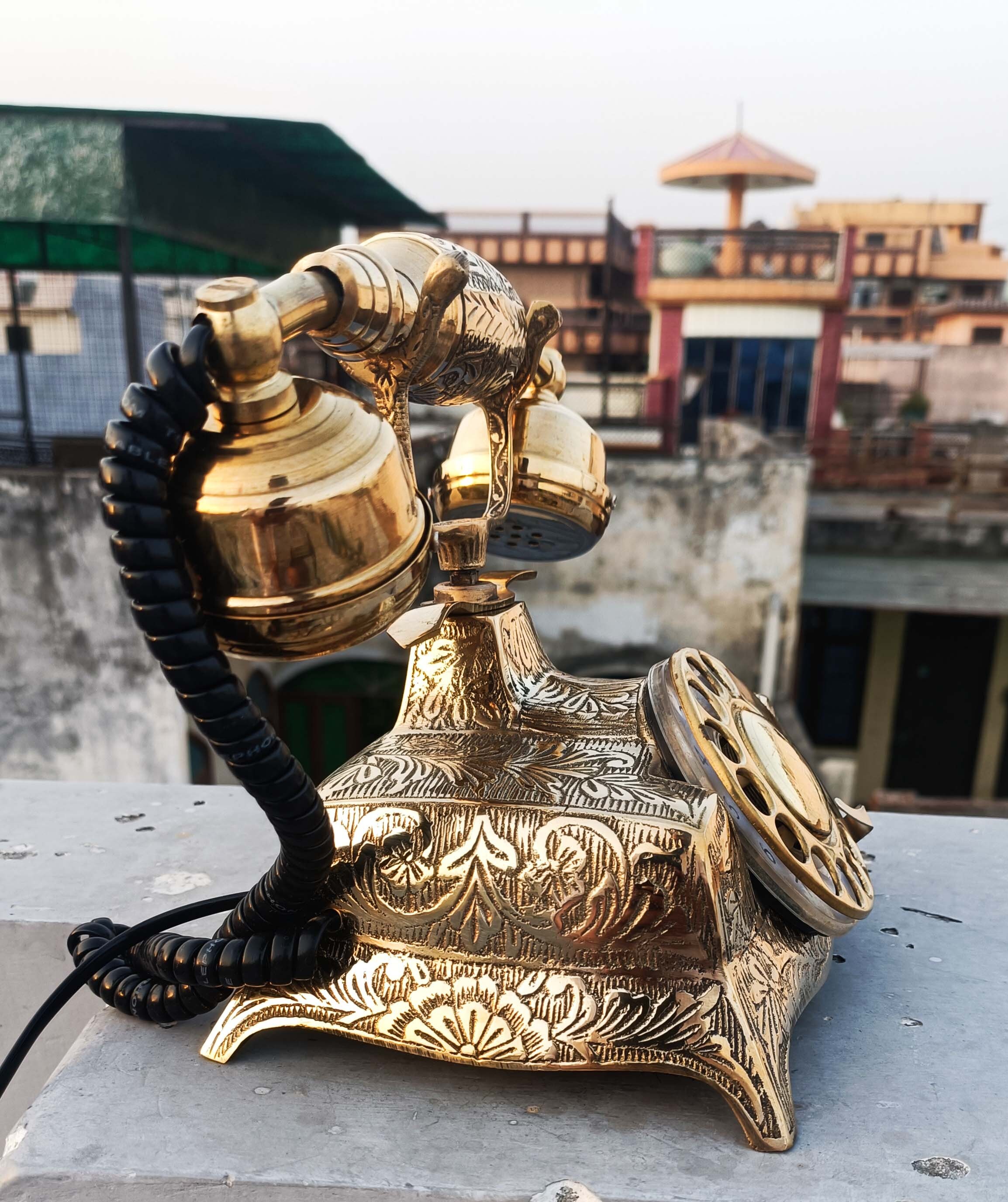 Vintage Antique Engraved Square Rotary Dial Working Phone Brass Finish ...