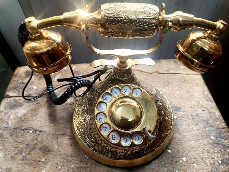 Vintage Antique Engraved Round Rotary Dial Working Phone Brass Finish ...