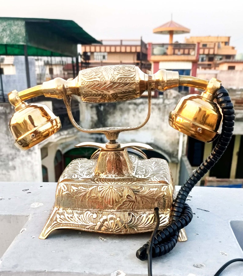 Vintage Antique Engraved Square Rotary Dial Working Phone Brass Finish ...