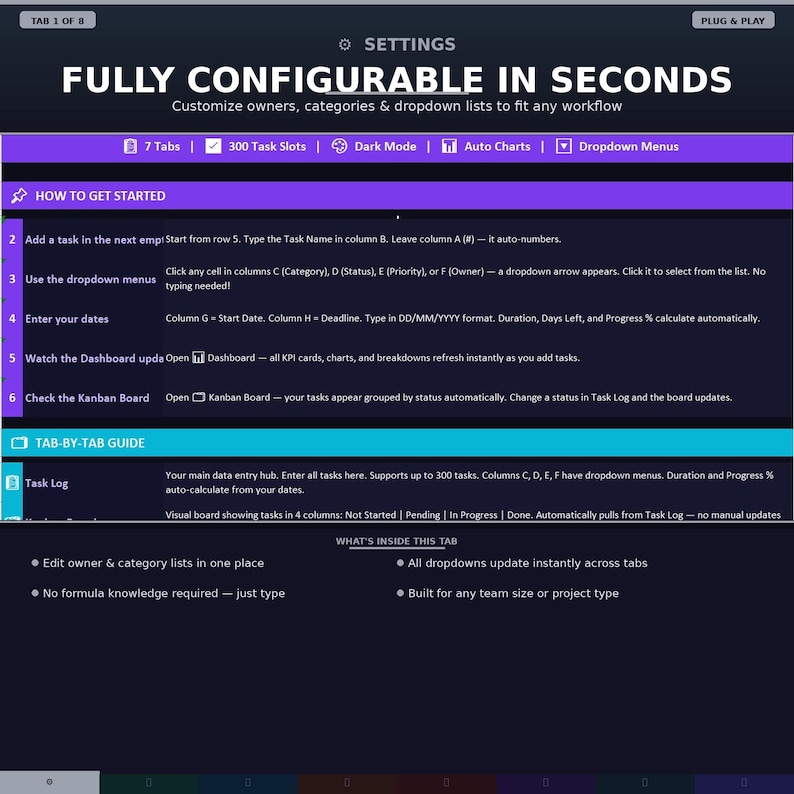 Ultimate Kanban Board Excel & Google Sheets | Dark Mode Task Tracker ...