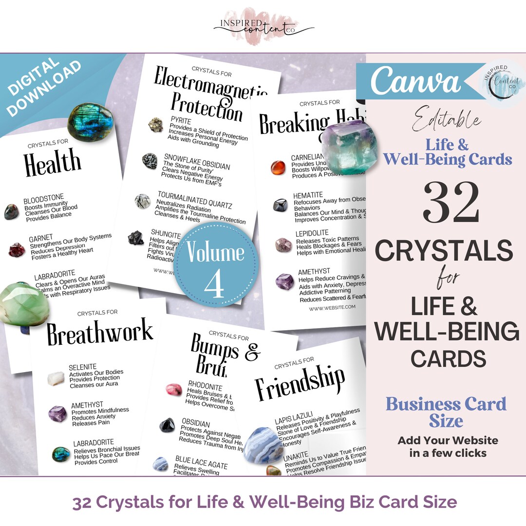 32 Crystal Kit Cards for Life & Well-being, Crystal Card Sets, Editable ...
