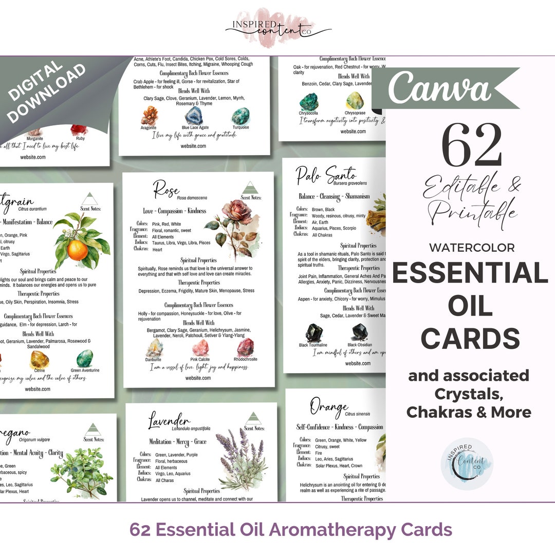 62 Essential Oil Cards Printable Aromatherapy Card Collection, Editable ...