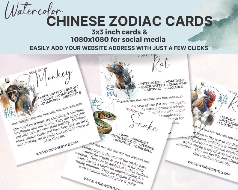 12 Chinese Zodiac Printable Cards Watercolor Chinese - Etsy