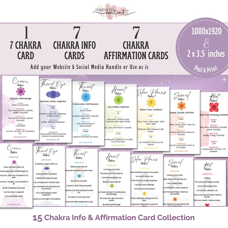 15 Chakra Info & Affirmation Cards Printable Chakra Card Set, Canva ...