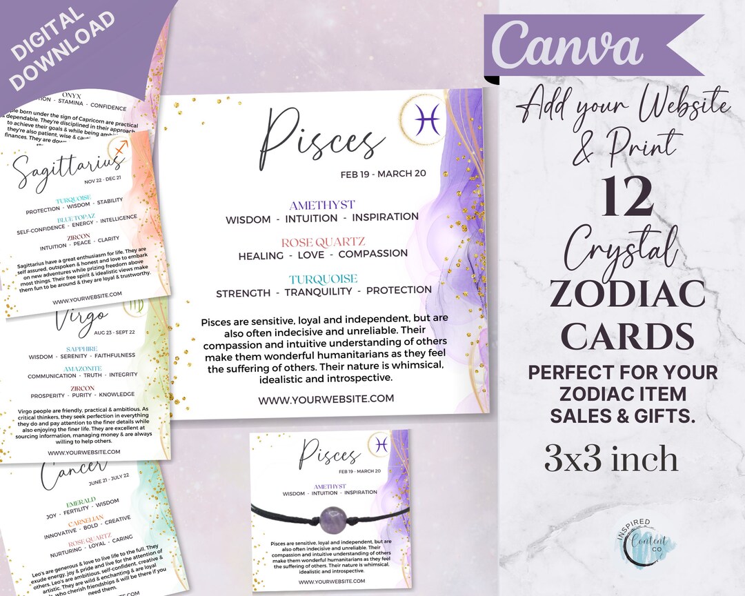 Crystal Zodiac Cards, Printable Zodiac Cards With Birthstones, Zodiac ...