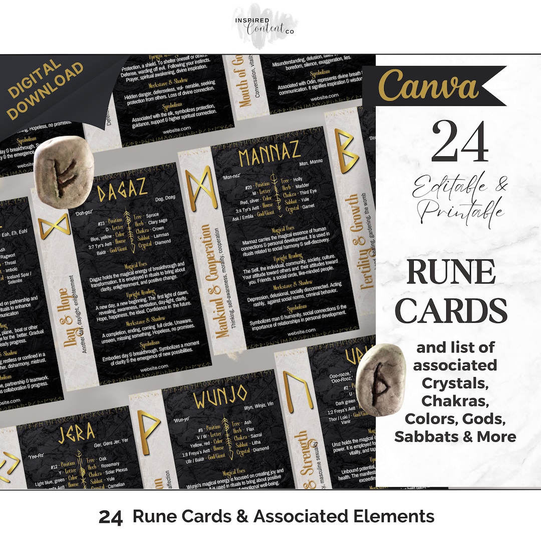 Rune Meaning Cards Associations & Symbolism, Printable Runic Deck ...