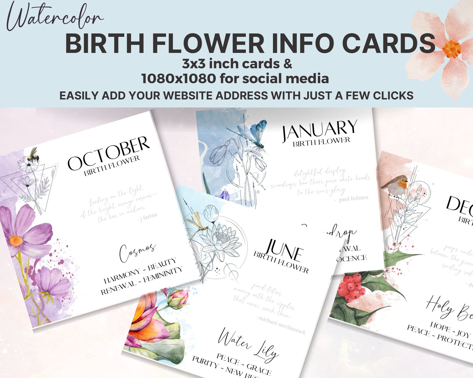 Birth Flower Cards Watercolor Birth Flower Meaning Cards - Etsy