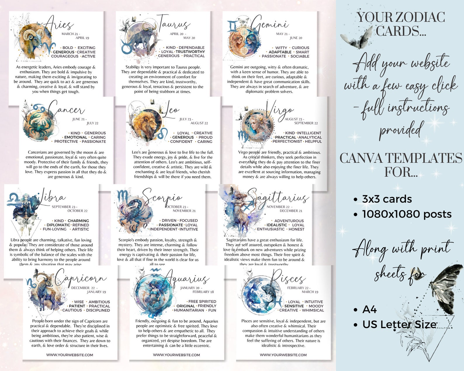 Zodiac Printable Cards 12 Watercolor Horoscope Art Cards, Editable ...