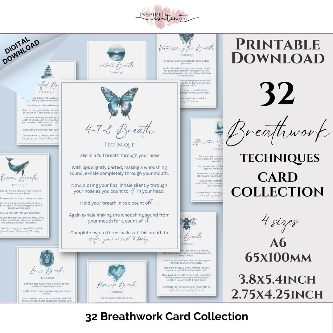 32 Breathing Cards, Mindful Breathwork Calming Techniques, Printable ...