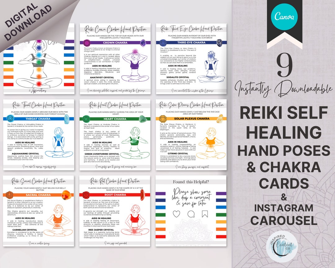 Self Healing Reiki Hand Position Reference Cards, Reiki Crystal Chakra ...