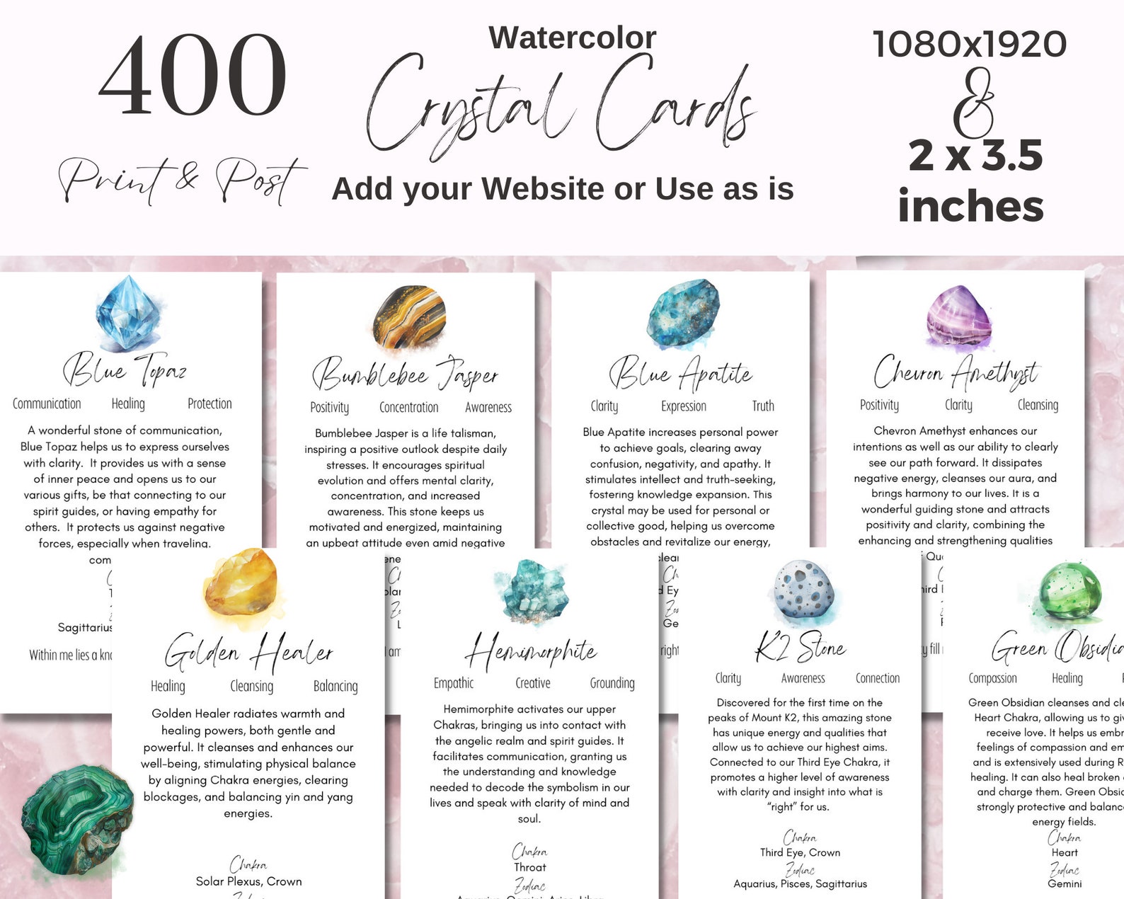 400 Editable Watercolor Crystal Meaning Cards, Printable Gemstone ...