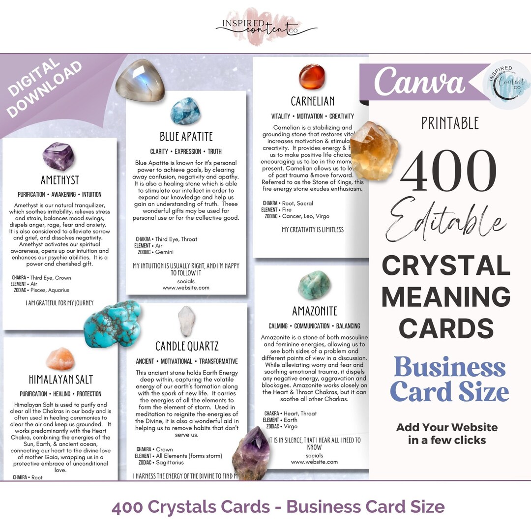 400 Business Card Crystal Meaning Cards, Printable Gemstone Meaning ...