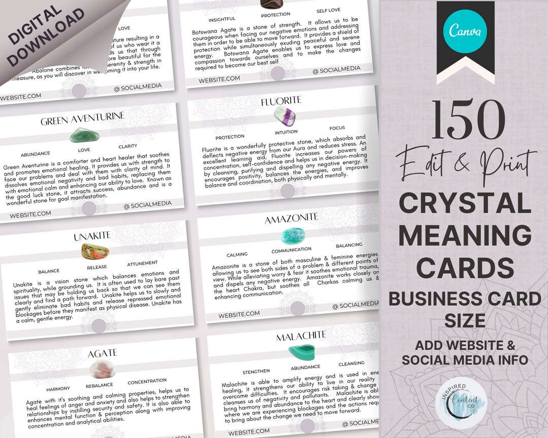150 Crystal Cards in Business Card Size, Editable Gemstone Cards ...
