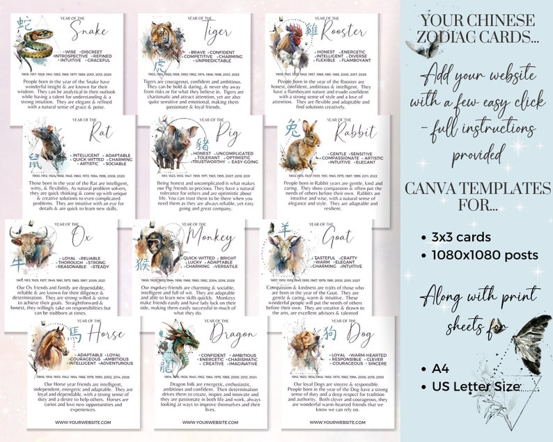 12 Chinese Zodiac Printable Cards Watercolor Chinese - Etsy
