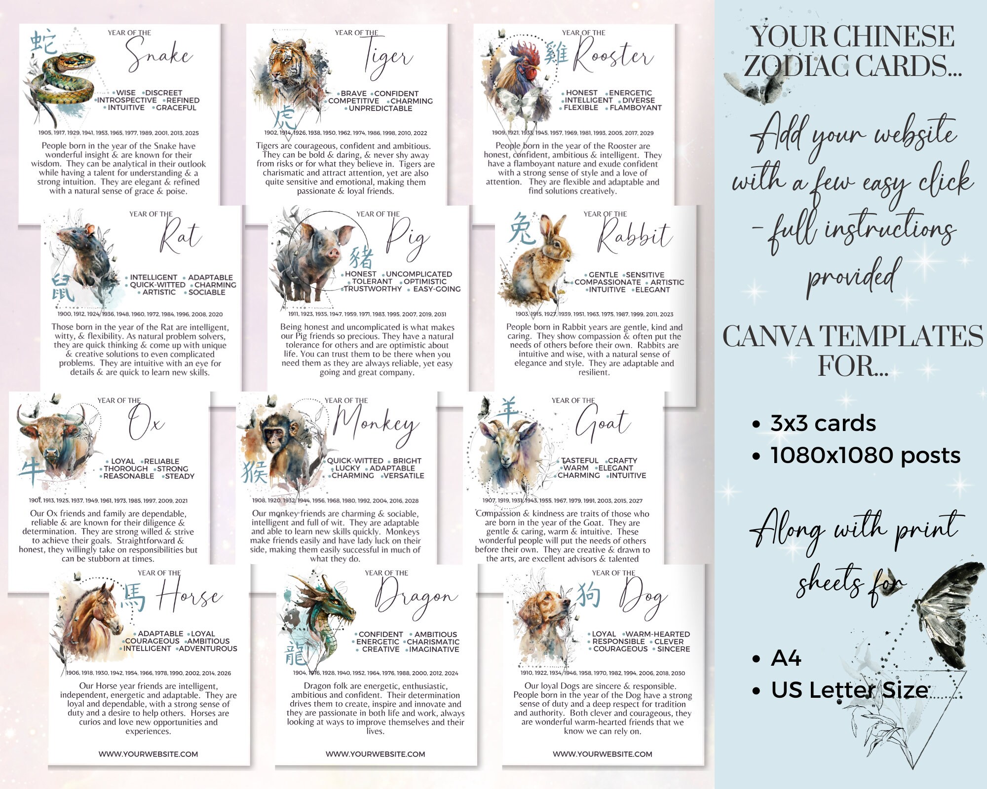 12 Chinese Zodiac Printable Cards Watercolor Chinese - Etsy