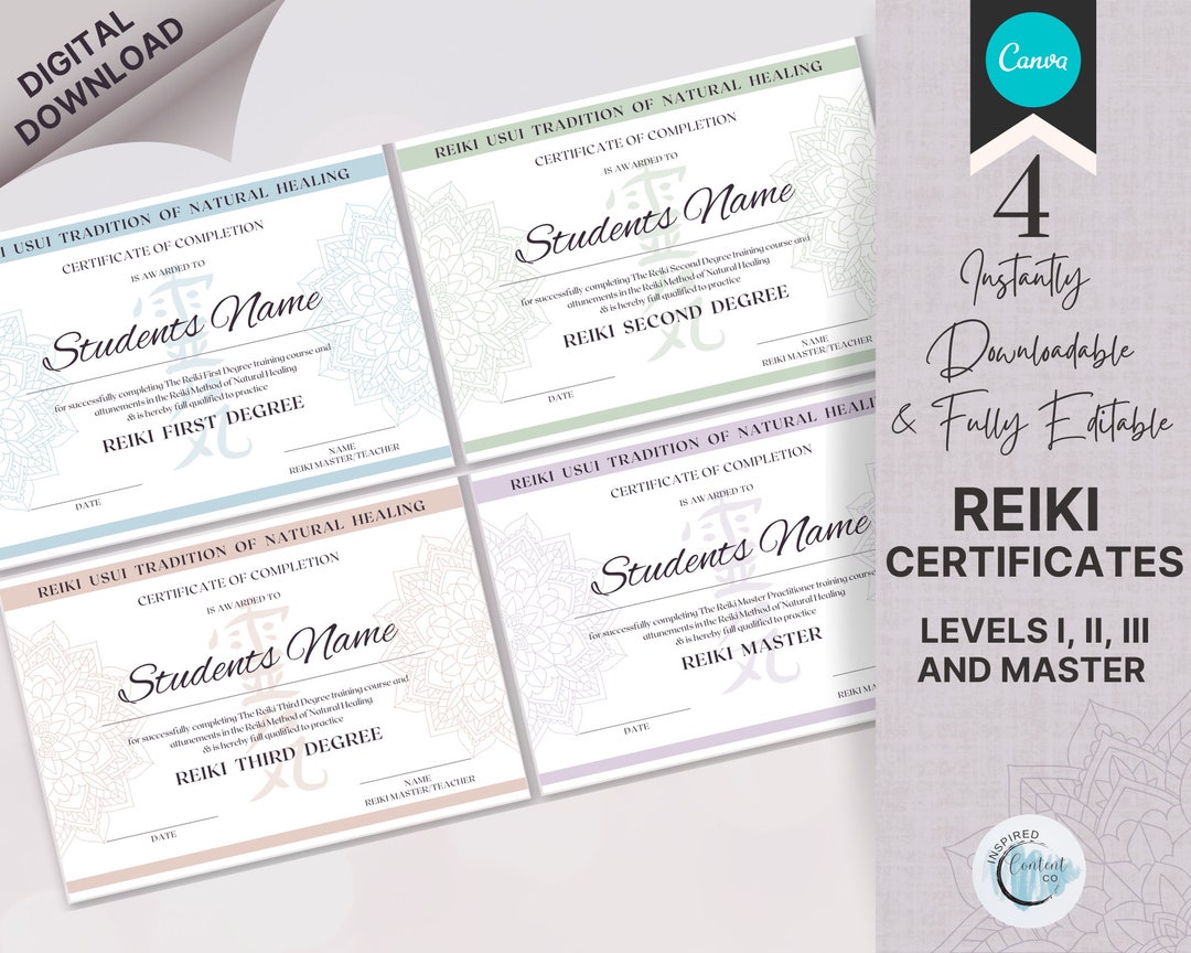 Editable Reiki Certificates 1-2-3-master, Reiki Printable Canva ...