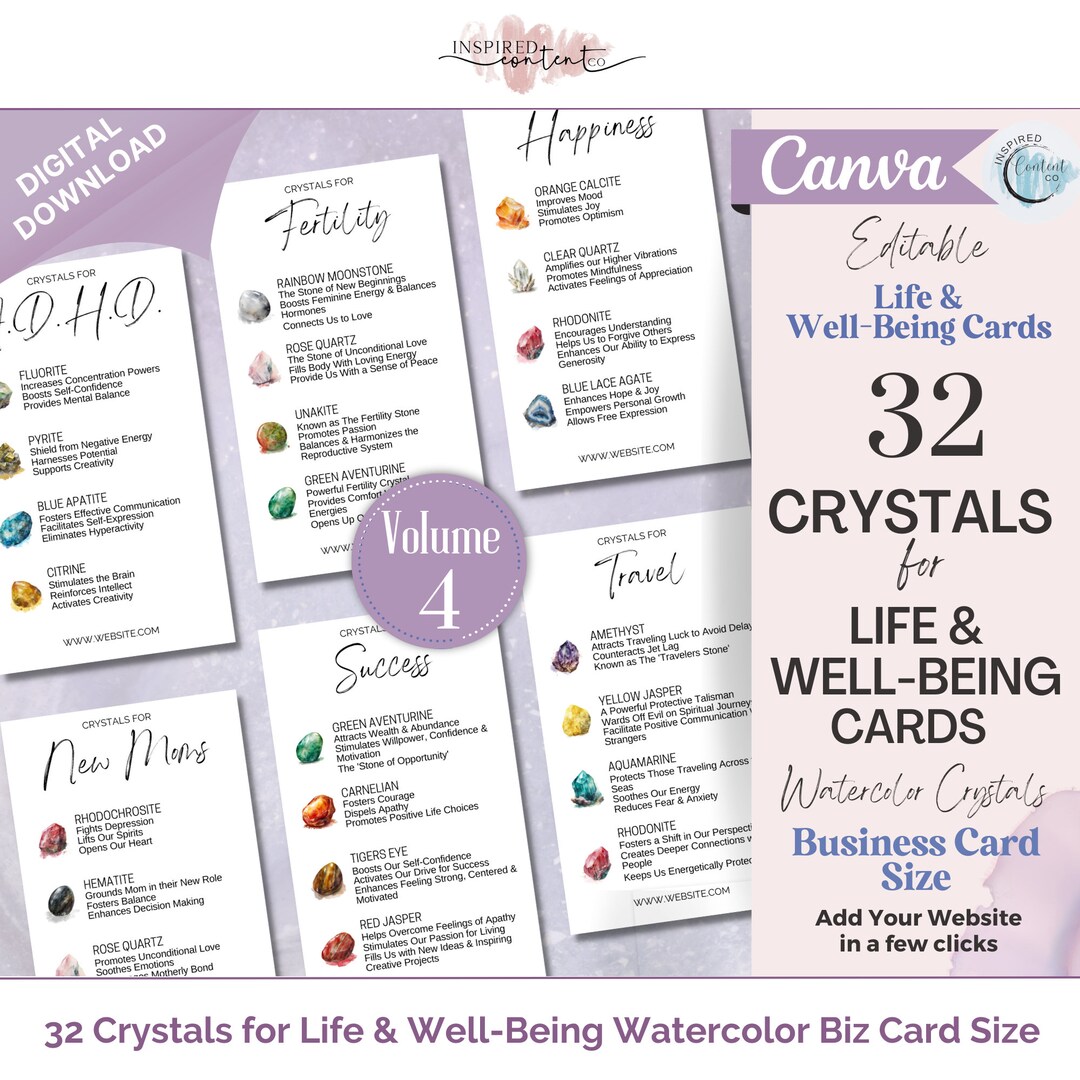 32 Crystals for Life & Well-being Cards, Editable Crystal Kit Cards Set ...