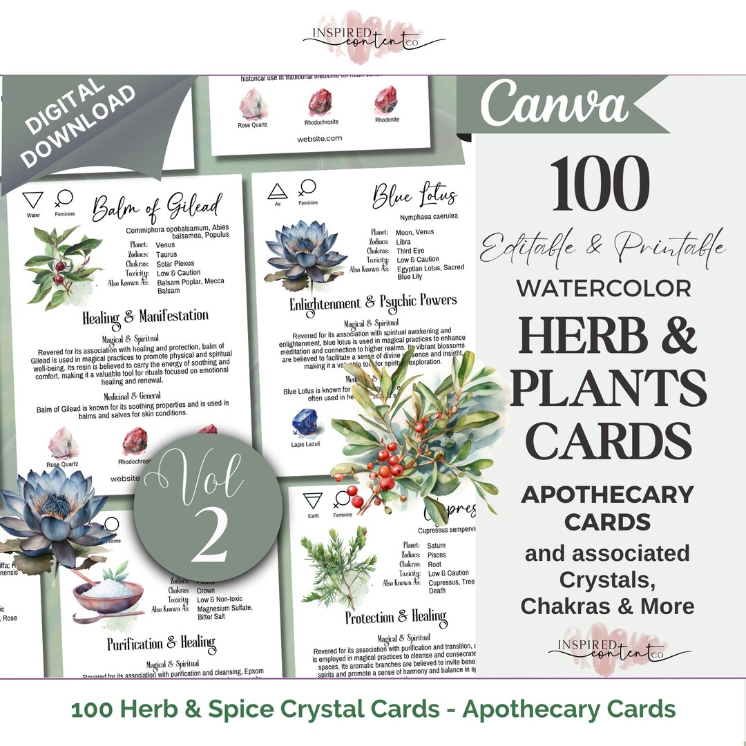 Vol 2 100 Herb & Plant Crystal Cards, Apothecary Herb Meaning Cards ...