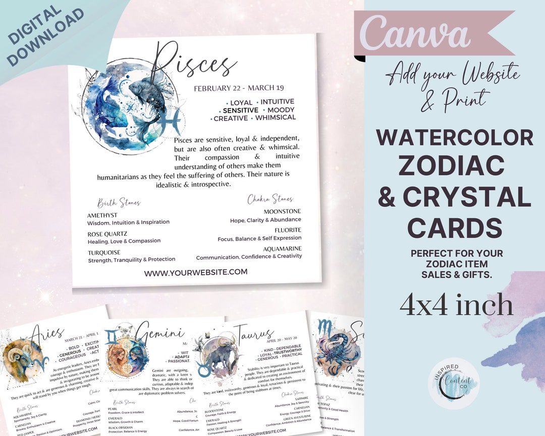Printable Zodiac Crystals Cards 12 Watercolor Art Horoscope & Crystal ...