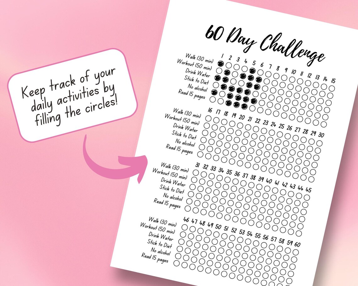 Printable 60 Day Challenge Tracker, Monthly Log Game, Fun Habit, Adult ...