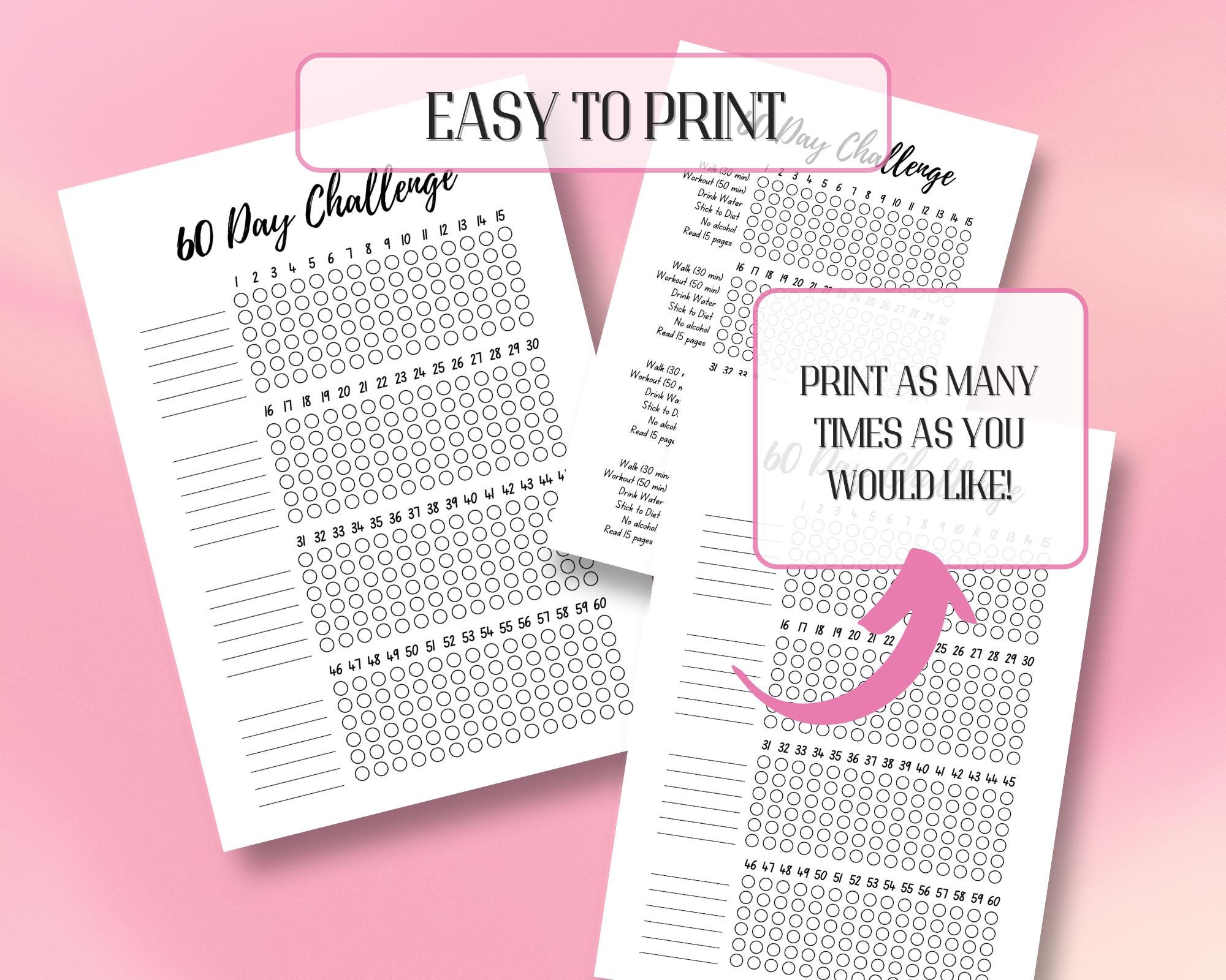 Printable 60 Day Challenge Tracker, Monthly Log Game, Fun Habit, Adult ...