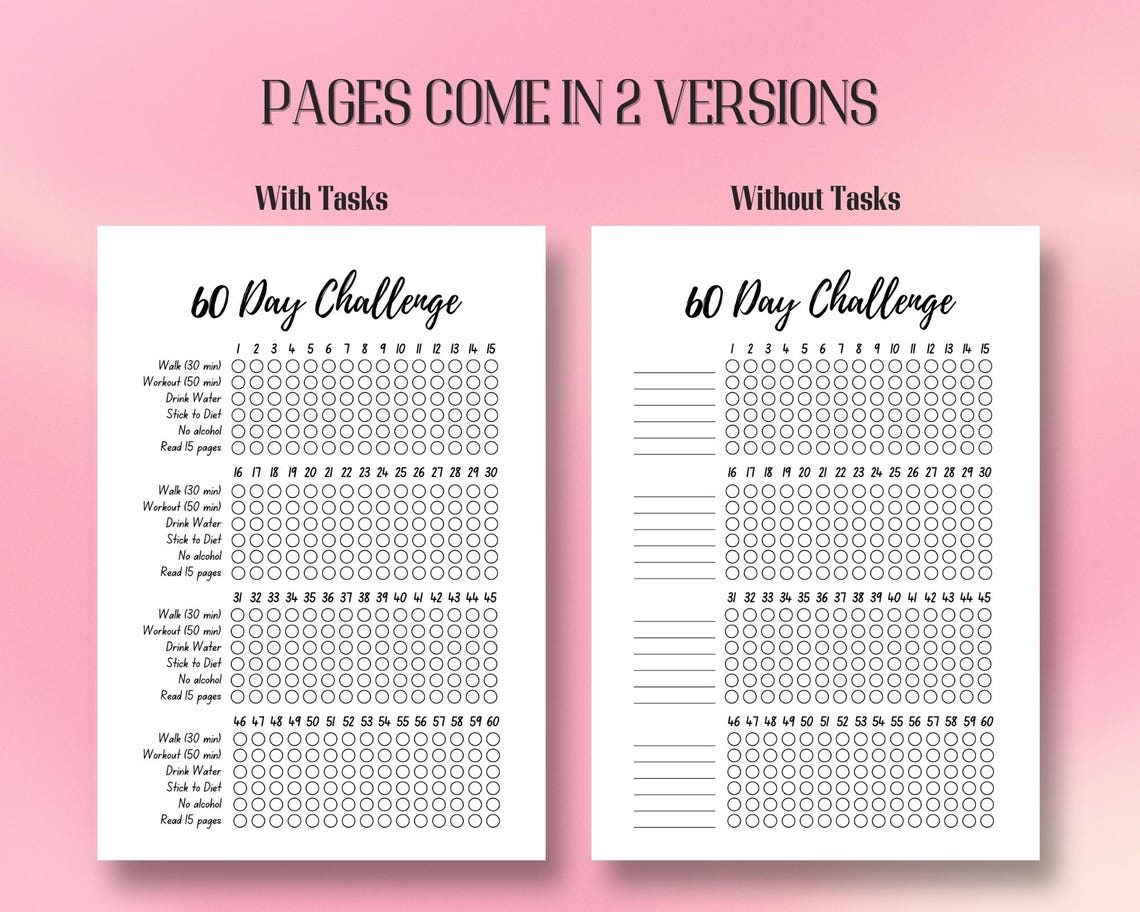 Printable 60 Day Challenge Tracker, Monthly Log Game, Fun Habit, Adult ...