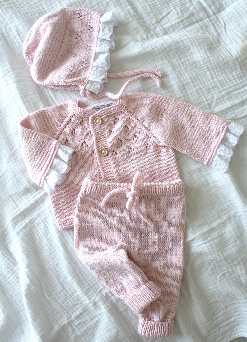 Hand Knit Organic Cotton Baby Cardigan Set: Bonnet & Pants - Etsy
