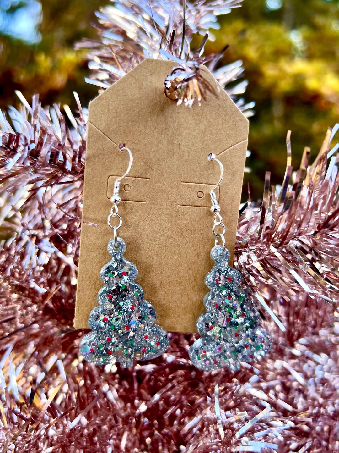 Silver Glitter Resin Christmas Tree Earrings With Sterling Silver Hooks ...