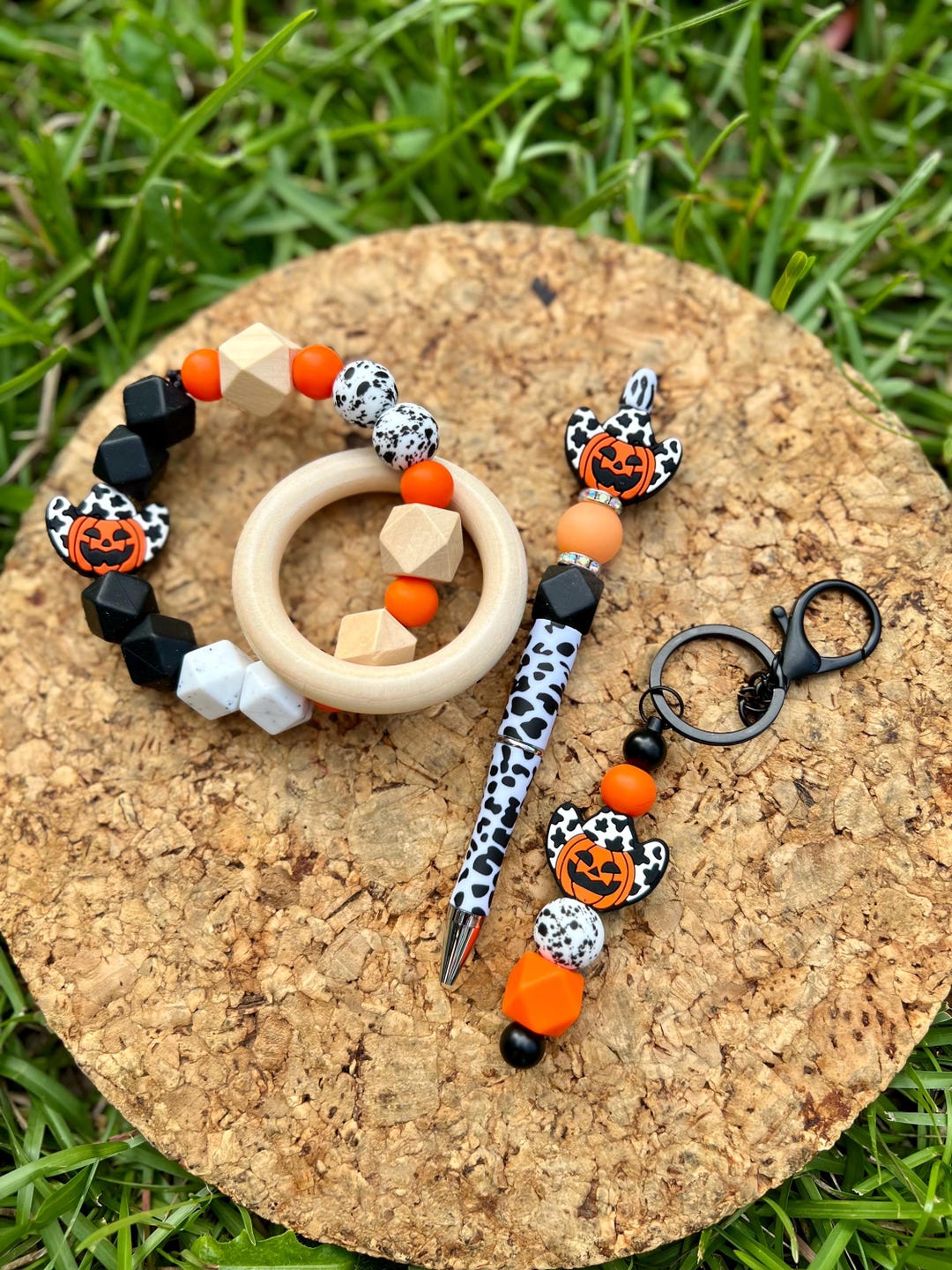 Black and White Cow Print Paci Holder, Rattle Toy and Matching Beaded ...