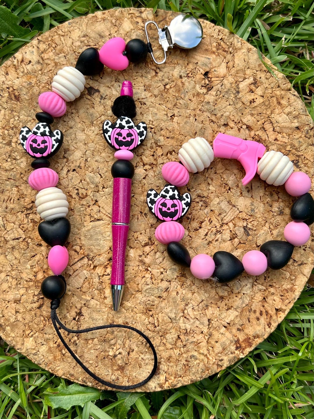 Black and White Cow Print Paci Holder, Rattle Toy and Matching Beaded ...