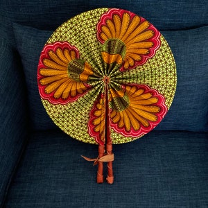 African Fabric Hand Fan With Leather Handle, Decorative Fan Made With ...