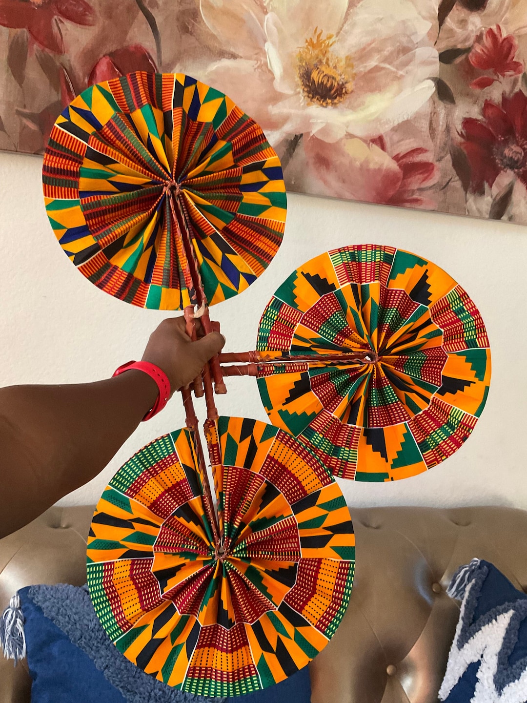 3 Kente Print Hand Fan Set, Africa Fan Folding, Kente Hand Held Fan ...