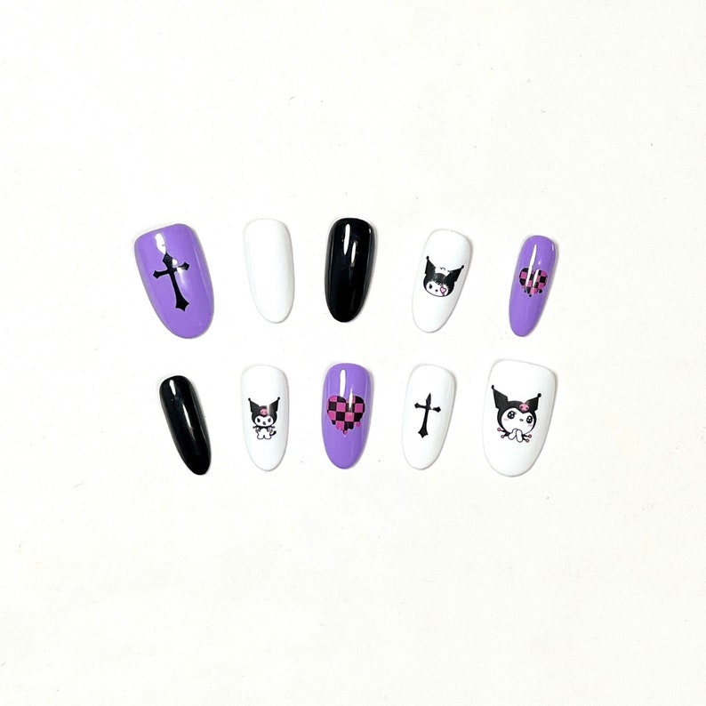 Cute Y2k Pressons X Kuromi X Purple White And Black Emo Goth Nails