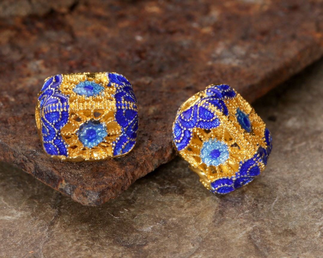 Cloisonné 11x7.5mm Blue & Aqua W/ Gold Finish Filigree Rounded 4-sided ...