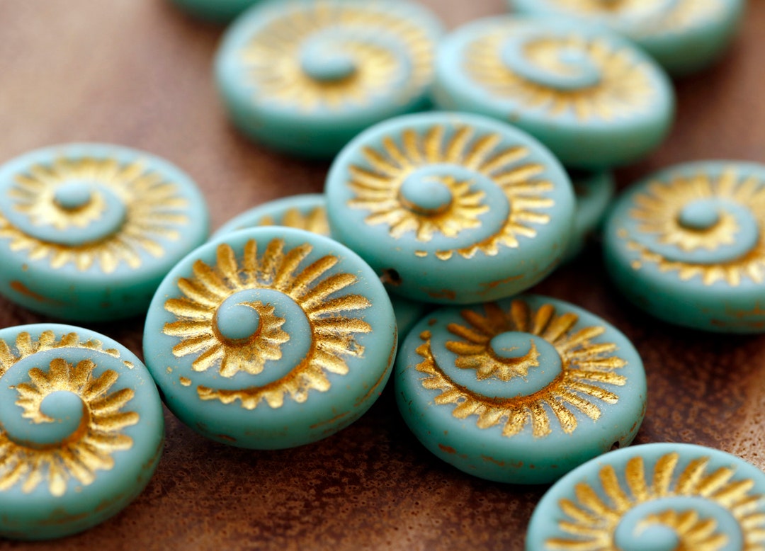 Czech Glass 18mm Ammonite Coin - Matte Turquoise W/ Gold - Etsy