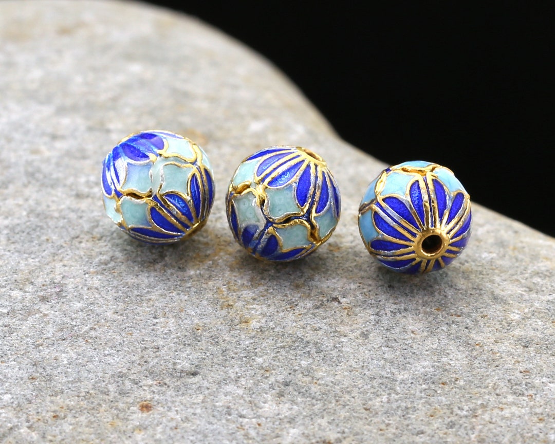 Cloisonné 8mm Blue & Light Blue W/ Gold Finish Textured Flower Petals ...