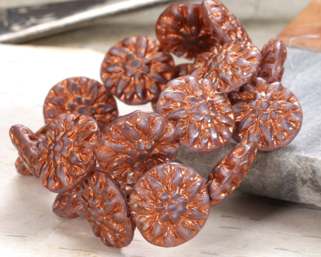 Czech Glass 14mm Dahlia Coin - Moon Mist W/ Copper Wash - Etsy