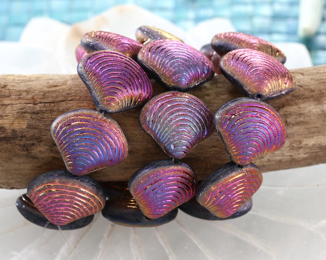 Czech Glass 15x18mm Clam Shell Bead - Jet W/ Metallic Gold Raspberry ...