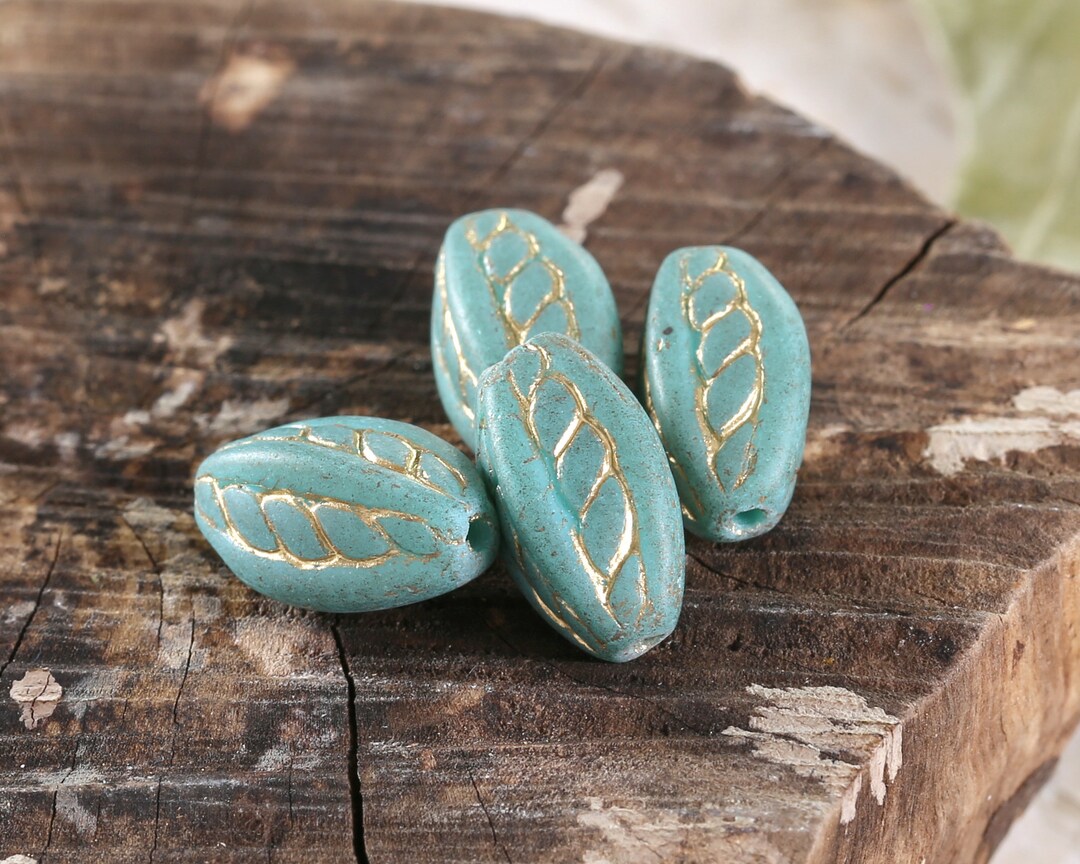 Czech Glass 15x9mm Roped 4-sided Rice Oval - Matte Green Turquoise W ...