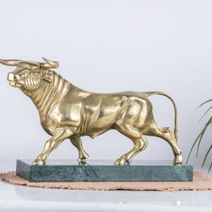 Vintage Brass Bull Sculpture, Marble Base, Polished, Statue, Animal Art ...