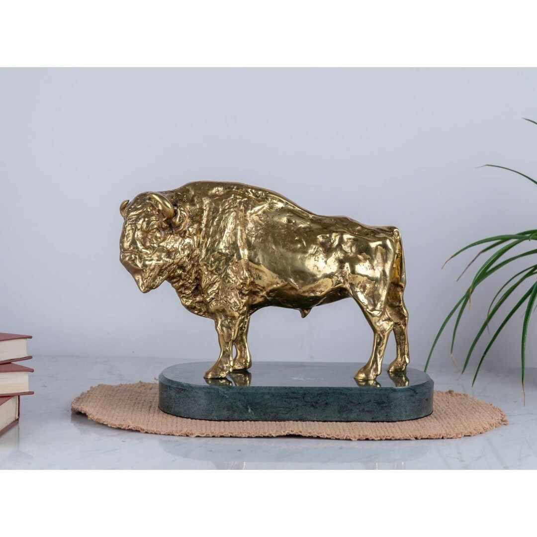 Vintage Brass Bison Sculpture, Marble Base, Polished, Statue, Animal ...