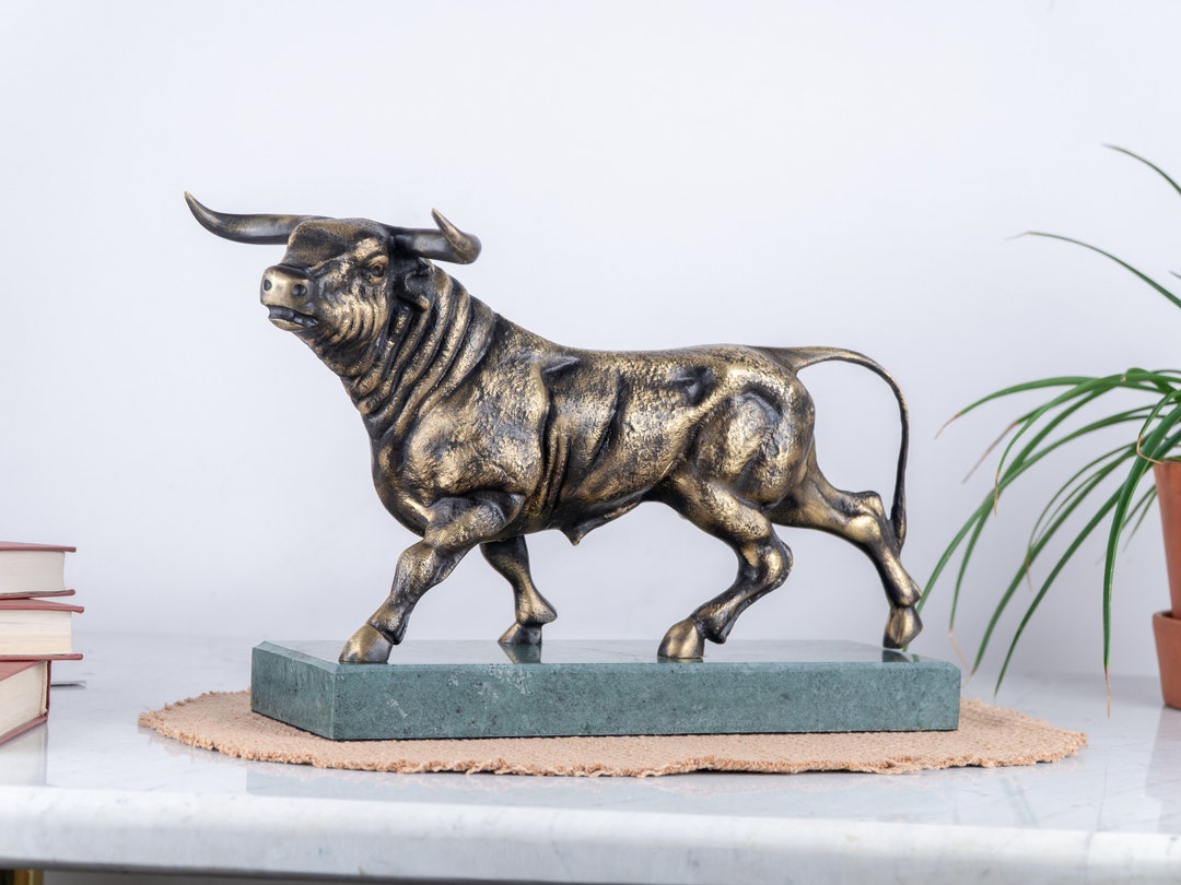 Vintage Brass Bull Sculpture, Marble Base, Patinated, Statue, Animal ...