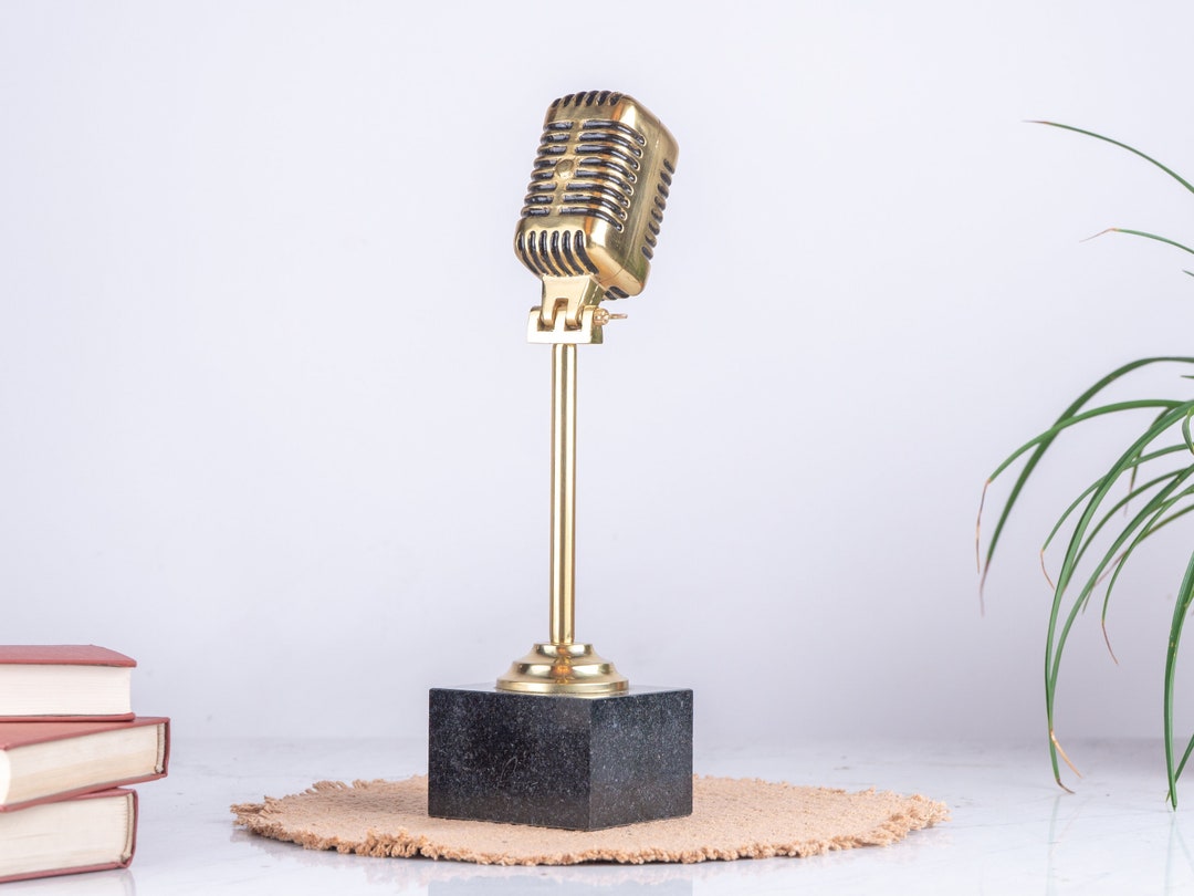 Vintage Microphone Statue, Gift for Musician, Granite Black Base ...