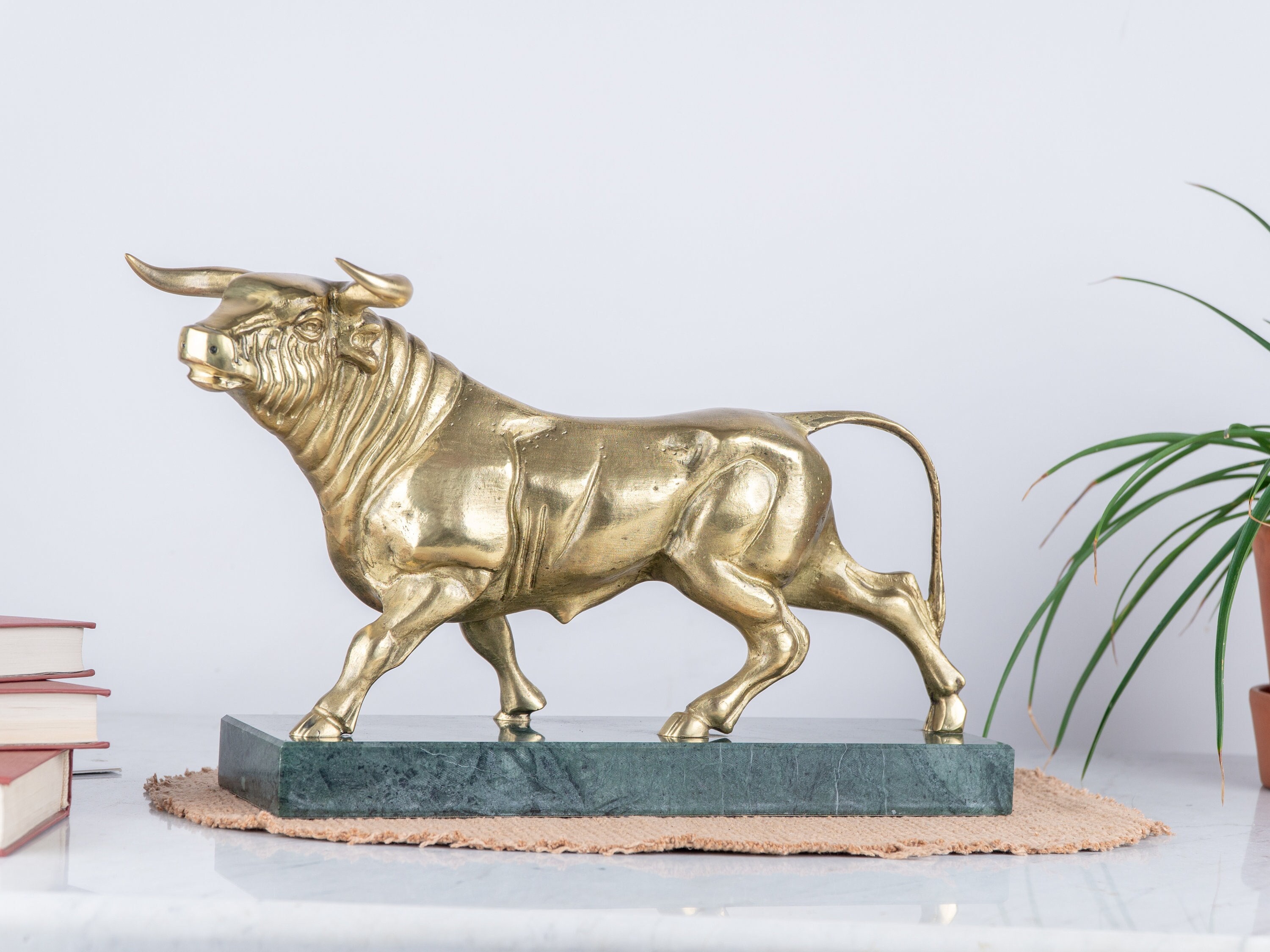 Vintage Brass Bull Sculpture, Marble Base, Polished, Statue, Animal Art ...