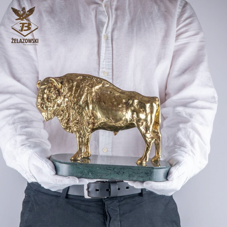 Vintage Brass Bison Sculpture, Marble Base, Polished, Statue, Animal ...