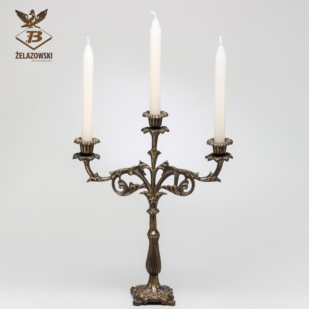 Ornate Three-arm Brass Candleholder - Classic Patina Elegance for ...